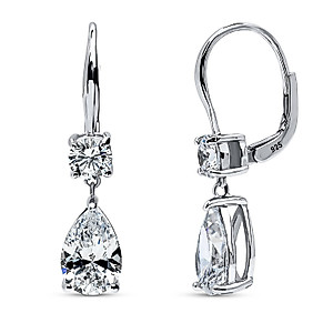 BERRICLE Sterling Silver Solitaire 3.6 Carat Pear Cut Cubic Zirconia CZ Anniversary Leverback Dangle Drop Earrings for Women, Rhodium Plated