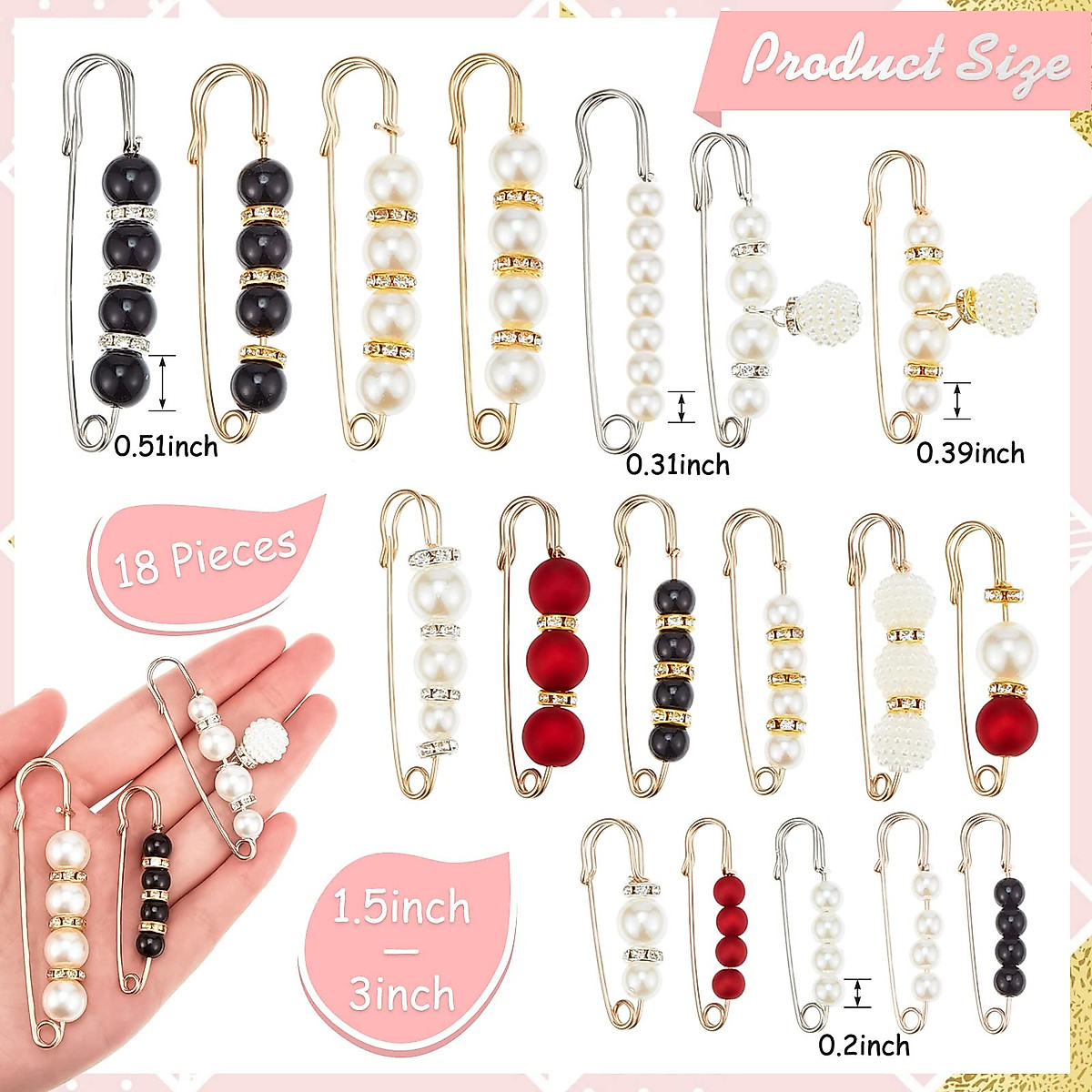 Hicarer 18 Piece Pearl Brooch Pins Women Decorative Safety Pins Clothing Shawl Clips Artificial Pearls Brooch Elegant Pearl Cardigan Collar Brooch Clips for Women Dress Skirt Sweater(Retro Style)