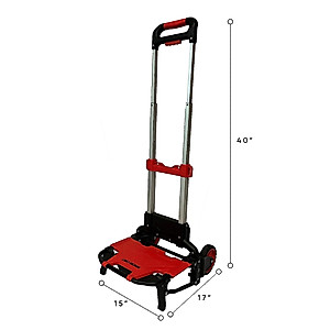 Magna Cart Durable 150 Pound Weight Capacity Foldable Hand Truck Utility Shopping Cart with Wheels and Bungee Cord to Secure Heavy Loads, Black/Red