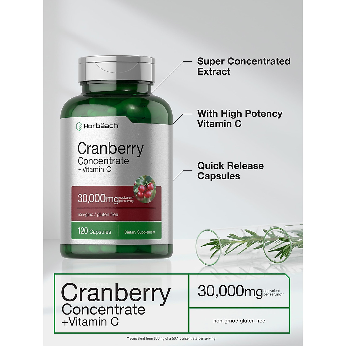 Horbäach Cranberry Concentrate Extract Pills + Vitamin C | 30,000mg | 120 Capsules | Triple Strength Ultimate Potency Formula | Non-GMO and Gluten Free Supplement