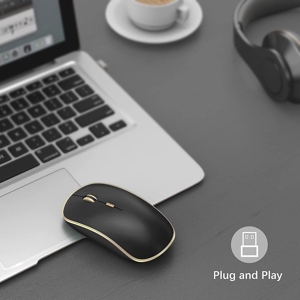 JOYACCESS J Silent Mouse Wireless, Portable Wireless Computer Mouse with 5 Adjustable DPI Levels, USB Mouse for Desktop, Notebook, MacBook, Chromebook, PC (Black Gold)