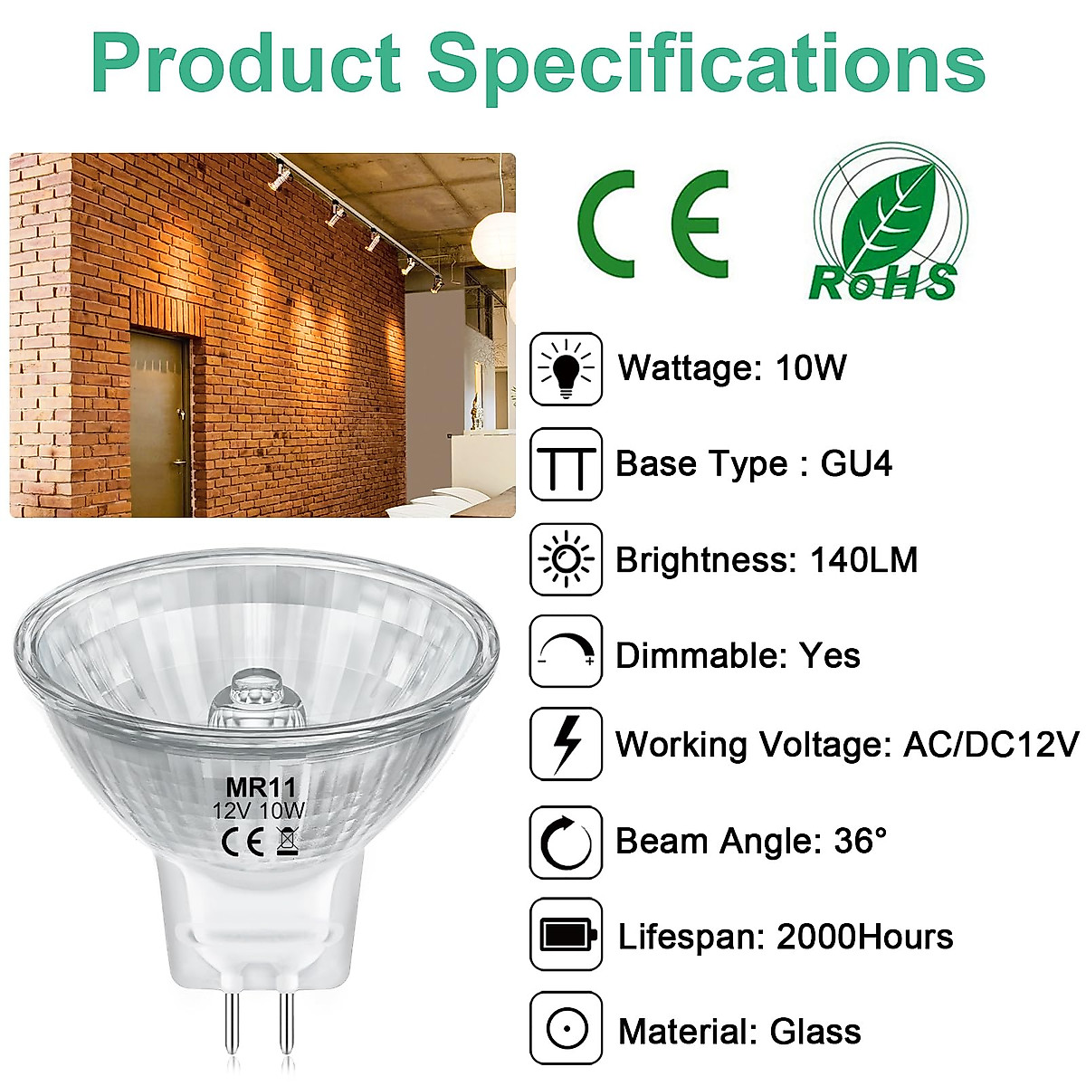 MR11 Light Bulbs, 12V 10W Halogen Light Bulbs 2 Pin, FTD Spotlight Bulb, GU4 Bi-Pin Base, Dimmable, 2700K Warm White, 2 Prong Light Bulb for Landscape, Accent, Track Lights, Fiber Optics, 2Pcs