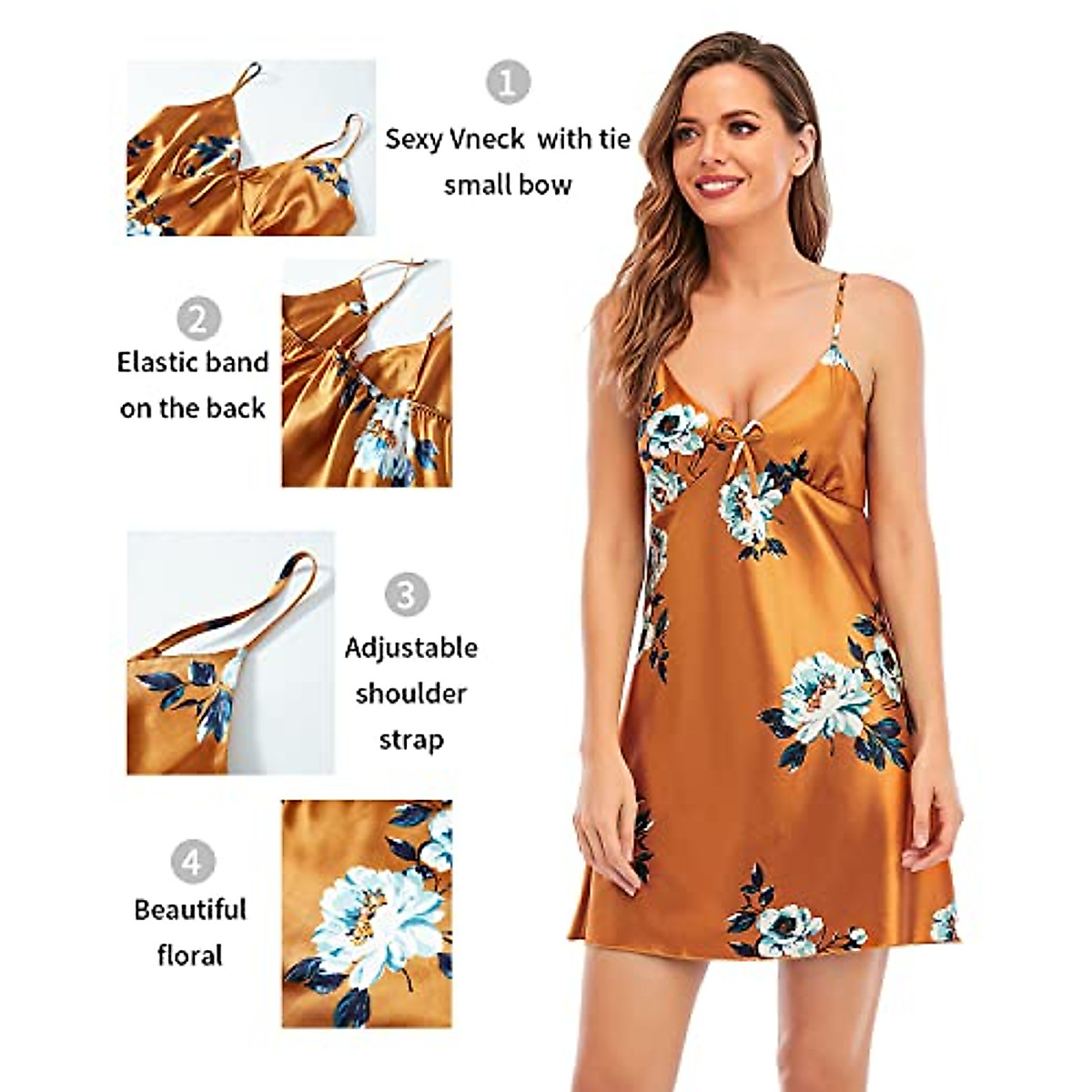 Escalier Women's Silk Satin Pajamas Sets 2Pcs Floral Silky Pj Robe Set with Chemise Nightgown Orange Floral S