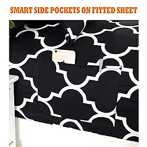 Elegant Comfort 6-Piece Quatrefoil Printed Deep Pocket Bed Sheet Set, Luxurious Silky 1500 Thread Count Bed Sheet Set Ultra Soft Wrinkle Resistant Bedding Set, Queen, Black