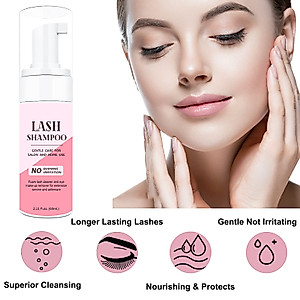 Eyelash Extension Cleanser Eyelash Fan, AREMOD 50ml Lash Shampoo for Lash Extensions 50pcs Eyelash Brush Cleaning Brush Makeup Remover Pad and Rinse Bottle for Lash Cleaning for Salon Home Use(pink)