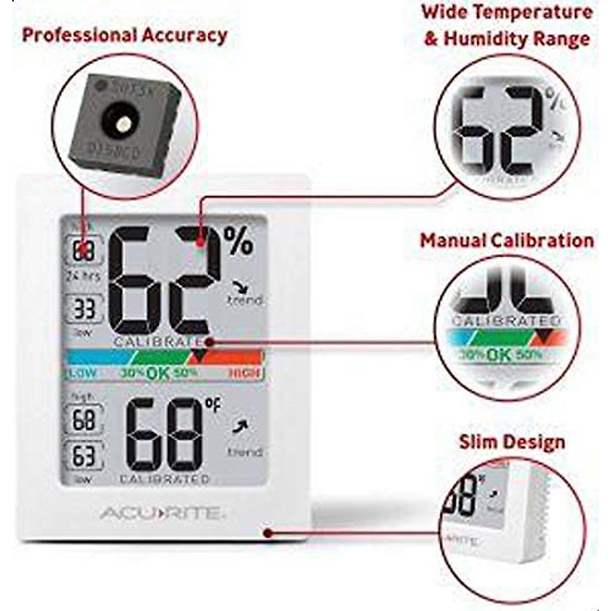 AcuRite Humidity Meter Hygrometer and Indoor Digital Thermometer with Temperature Gauge and Humidity Gauge, Room Thermometer Comfort Scale, 3 x 2.5 Inches, White (01083M)