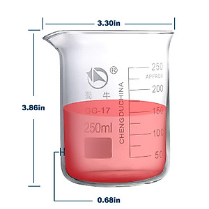 Young4us Glass Beakers, Pack of 6 Low Form Glass Measuring & Glass Droppers Set, 3 Graduated Griffin Beakers in 3 Sizes with Scales, 250ml, 100ml, 50ml, 3 Glass Droppers Without Scales (3ml per Drop)