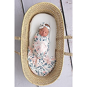 Vollmic Newborn Baby Girl Receiving Blanket Swaddle Blanket Stretchy Knit Swaddle Set with Matching Headband (Ink Pink)