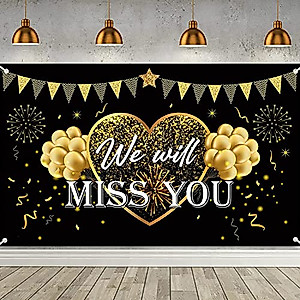 We Will Miss You Party Decorations Black Gold Going Away Party Banner Backdrop We Will Miss You Party Background Large Yard Sign Photo Booth for Grad Farewell Anniversary Retirement Party Decorations Supplies