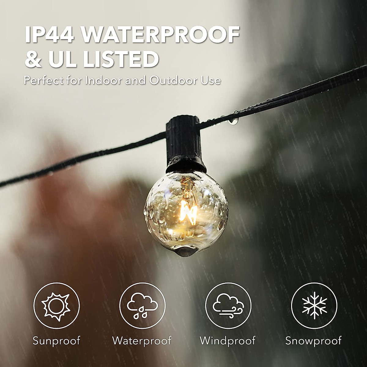 HBN 25ft Outdoor String Lights-Outdoor Incandescent String Lights, 27 G40 Bulbs (2 Spare) 5W 2200K Warm White, Connectable & Dimmable, IP44 Waterproof-Garden/Backyard/Patio/Porch/Courtyard/Café