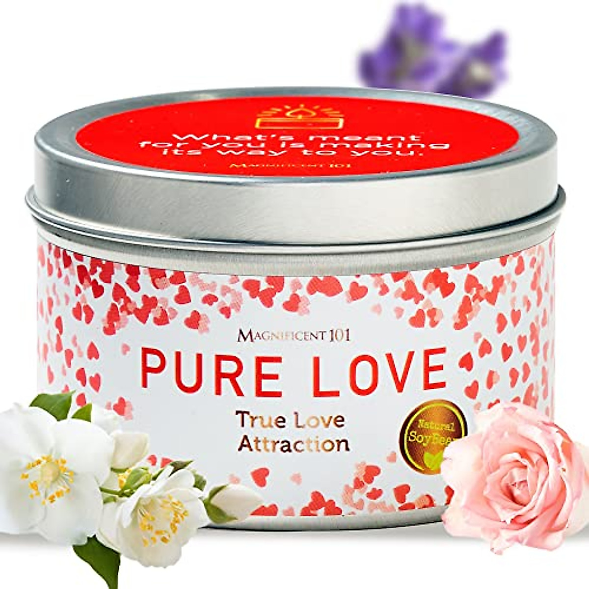 Pure Love Aromatherapy Candle for Love Attraction, Romance - Sage Rose Lavender Scented, Natural Soybean Wax Tin for Purification & Chakra Healing