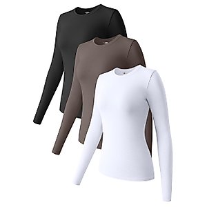 OQQ Womens 3 Piece Long Sleeve Tops Crew Neck Stretch Fitted Underscrubs Layer Tee Shirts 2025 Casual Outfits Black Tea leaf White