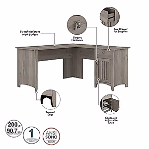 Bush Furniture Salinas L-Shaped Storage | Study Table with Drawers & Cabinets | Home Office Computer Desk, 60W, Driftwood Gray