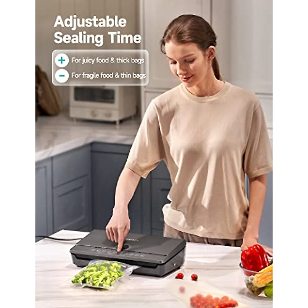 HiCOZY Vacuum Sealer Machine, Food Vacuum Sealer with Built-in Cutter and Bag Storage, Air Sealer Machine for Sous Vide and Food Storage with 10 BPA Free Vacuum Sealer Bag, 1 Roller Bag, Space Gray