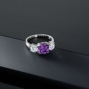 Gem Stone King 925 Sterling Silver Amethyst and Forever Classic Moissanite From Charles & Colvard 3 Stone Engagement Ring For Women | 3.10 Cttw | Gemstone February Birthstone | Cushion 8MM