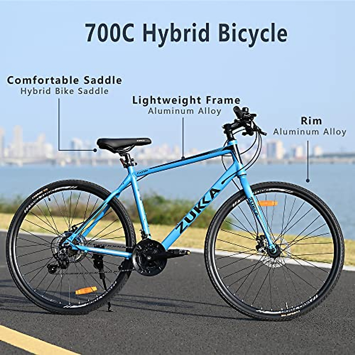 21 Speed Hybrid Bike Disc Brake 700C Road Bike for Men Women's City Bicycle (Blue)