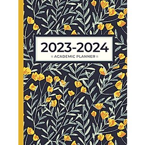 Academic Planner 2023-2024 Large | Yellow Botanical Navy Garden Hardcover: July - June | Weekly & Monthly | US Federal Holidays and Moon Phases
