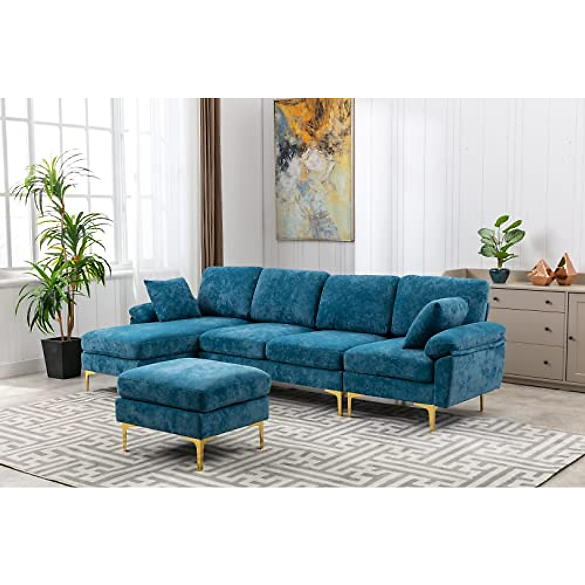 EMKK Chenille Sectional Sofa Modern Couch with Ottoman, Convertible Modular L/U Shaped Sofá with Chaise Sleeper Comfy Upholstered Furniture for Living Room, Apartment, Studio, Office