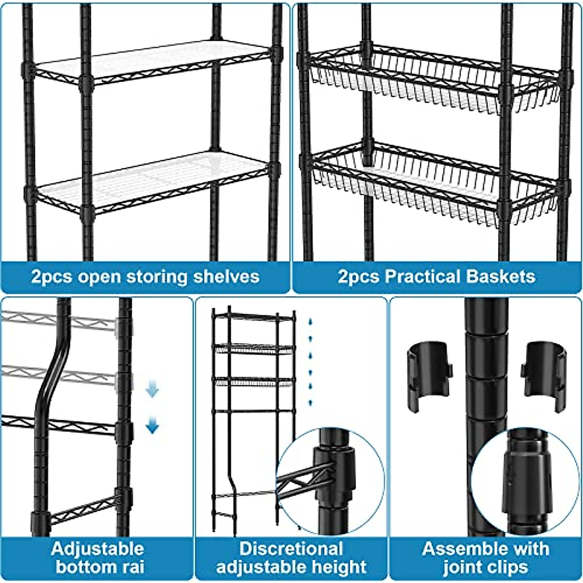 Bathroom Over the Toilet Storage Shelf - Over Toilet Bathroom Organizer Rack with 4 Tier Bathroom Space Saver Toilet Stand Shelves Bathroom Stand Above Toilet Bathroom Rack Organizer Over Toilet,Black