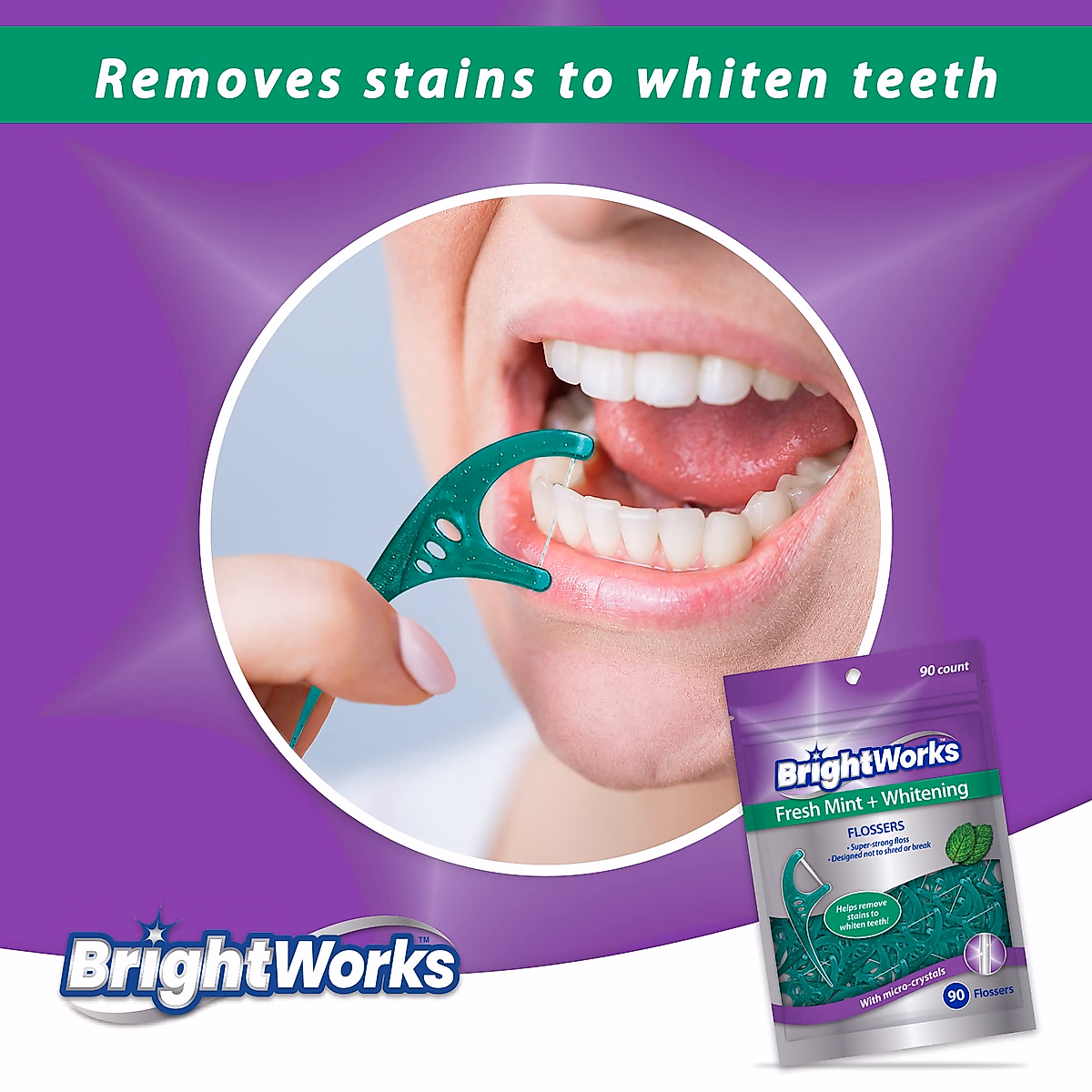 270 Piece BrightWorks Fresh Mint + Whitening Dental Flossers, with Super-Strong Floss for Adults, with Mint-Flavored Floss and Micro-Crystals, 90 Count (Pack of 3)