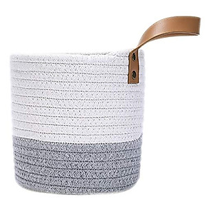 2pack Small Hanging Basket-Cotton Rope Wall Basket with Handle, Hanging Storage Basket, Shelf Baskets Storage Bin Closet Organizer 6"×6.3", Woven Plant Basket - (White & Grey)