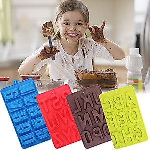 4 Pcs Silicone Numbers Alphabets Trays Molds, FineGood 26 letters & Numbers Candy Mould Biscuit Chocolate DIY Baking Pans Ice Cube Making Trays -green, brown, red, blue