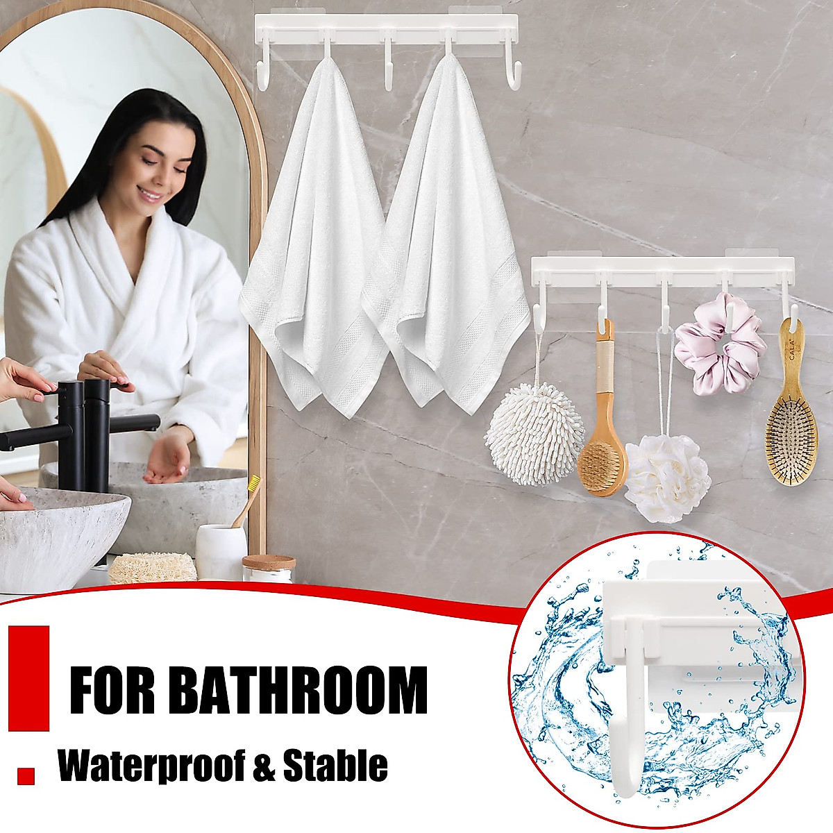 Heavy Duty Wall-Hooks 30lbs,Set of 2 Adhesive Towel-Rack with 5-Tri Hooks for Bathroom-Organizer,Coat-Rack-Wall-Mount,Over-the-Door-Hooks,Home & Kitchen-Organizer-and-Storage,Dorm-Room-Essentials