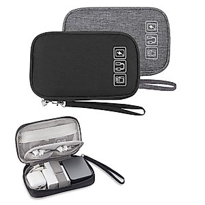 Small Electronic Organizer Cable Bag, Travel Portable 2 PCS Electronic Accessories Storage Bag Soft Carrying Case Pouch for Hard Drive, Cord, Charger, Earphone, USB, SD Card (Black+Gray)