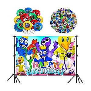 63pcs/Set Rainbow Birthday Party Decorations Backdrop, Party Supplies for Kids Photo Background with 12pcs Ballons and 50 pcs Stickers, for Kids Birthday Decorations