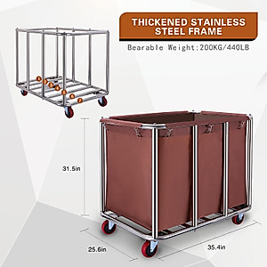 Commercial Laundry cart with Wheels,400L Large Laundry Basket with Wheels,Laundry Hamper on Wheels Heavy Duty with Steel Frame and Oxford Cloth, 440Lbs Load (Brown)
