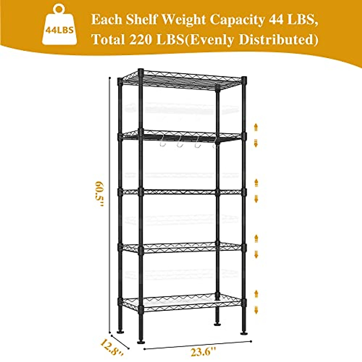 C&AHOME 5-Tier Metal Shelving Unit with Liner, Storage Rack with Adjustable Shelves, Heavy Duty Shelf with 4 Hooks and Leveling Feet Ideal for Kitchen, Bathroom, 23.6"L × 12.8"W × 60.5"H Black UWSU05B