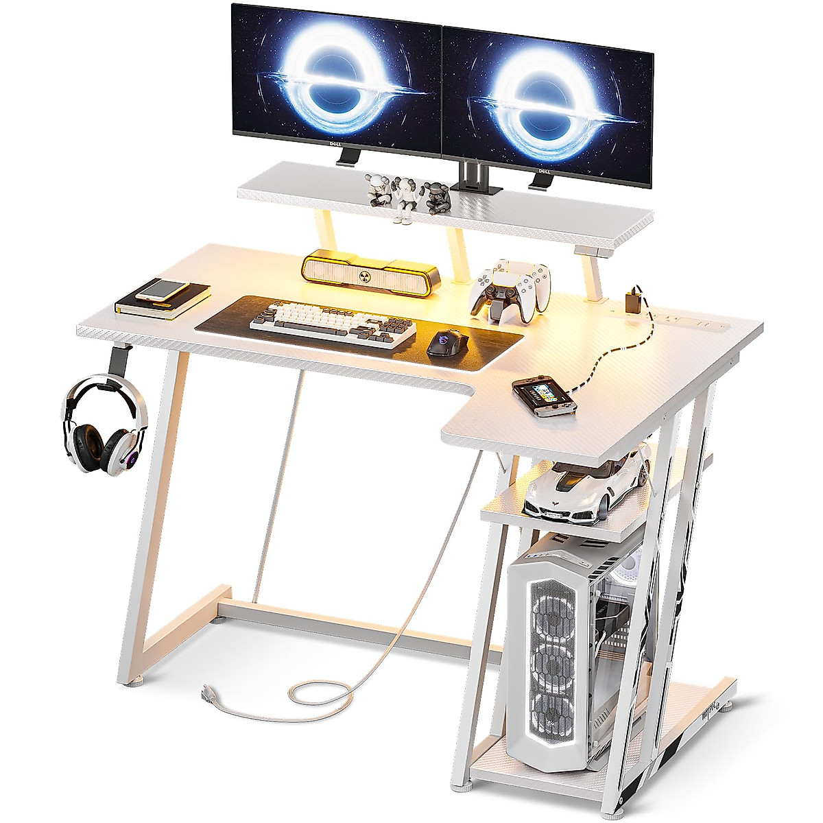 MOTPK White Gaming Desk L Shaped with LED Lights, Small Corner Computer Desk 39inch with Power Outlets, Gaming Table with PC Storage Shelf, Gamer Desk with Monitor Shelf, Carbon Fiber Texture