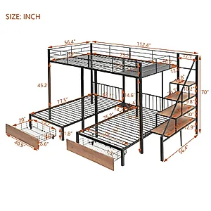 FANYHOME Full Over Twin & Twin Size Metal Bunk Bed with Drawers and Staircase, Divided into 4 Separate Beds, Heavy-Duty Steel Frame Bunk Bed for Kids Teens Adults (Black)