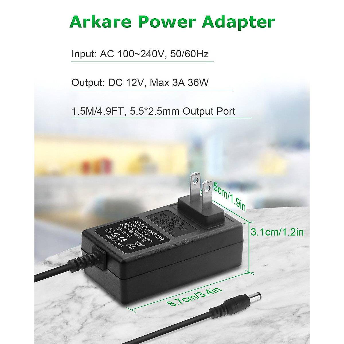 Arkare 12V 3A Power Supply Adapter 36W ac/dc Charger AC 100V-240V to DC 12Volt 3amp Power Cord 12V 2.5A 2A 1.5A 1A 800mA 500mA for Security Camera BT Speaker GPS Webcam Microphone Receiver with 10TIPS