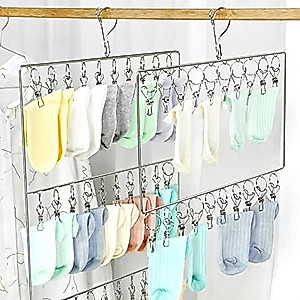 Sock Drying Rack,Clothes Drying Rack with 20/30 Stainless Steel Windproof Hook Clip, Suitable for Towel Scarf Briefs Gloves Tie Hat Socks(Square 3 Tier Sock Rack 30 Clips)