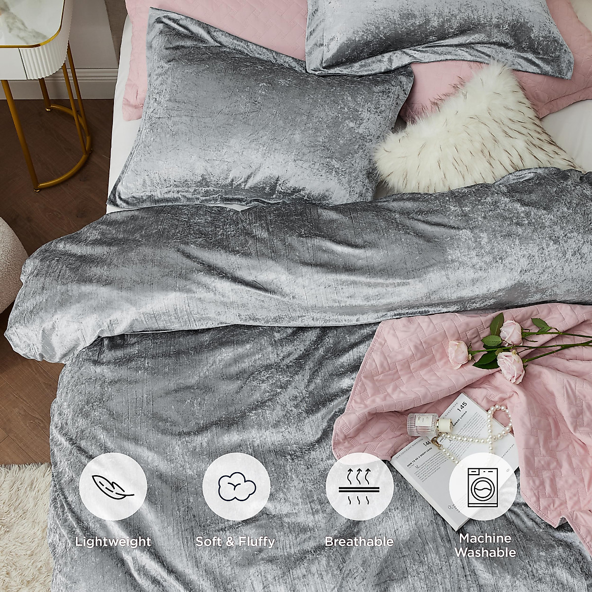 Bedsure Velvet Duvet Cover Set - Luxurious, Glossy King Size Duvet Cover Set, Grey Duvet Cover King Size with 2 Pillow Shams (Silver Grey, King, 104 x 90 inches)