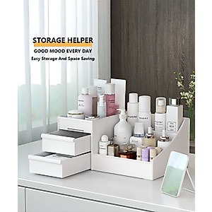 RUBRYKAZ Makeup Desk Cosmetic Storage Box Organizer with Drawers for Dressing Table, Vanity Countertop, Bathroom Counter, Elegant Vanity Holder for Brushes, Eyeshadow, Lipstick and Nail Polish,WHITE