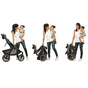 Evenflo Folio3 Stroll & Jog Travel System w/LiteMax 35 Infant Car Seat, Crossover Versatility, Ultra-Compact, Self-Standing Folding Design, 12” Air-Filled Tires, Front Wheel Swivel Lock, Avenue Gray