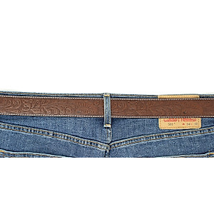 BC Belts Leather Belt Strap with White Stitching and Embossed Western Scrollwork 1.5" Wide with Snaps (Brown/White-L)