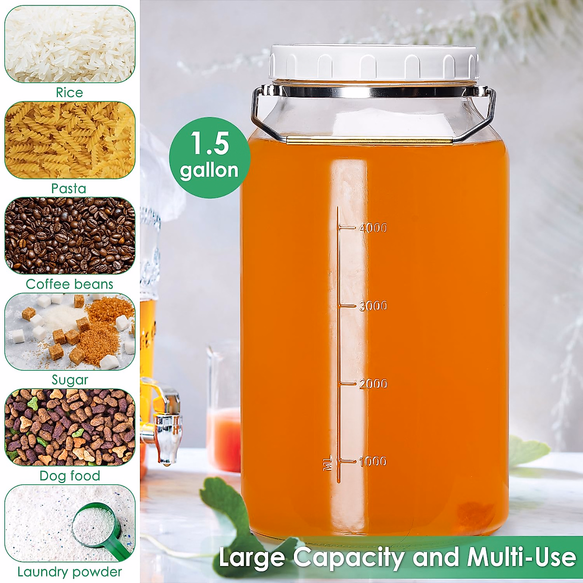 Qianfenie 1 Pack 1.5 Gallon(5700ML) Glass Jar with Screw Lid, BPA Free and Dishwasher Safe, Wide Mouth Glass Canister with Stainless Steel Handle, Large Mason Jar for Kitchen Food Storage