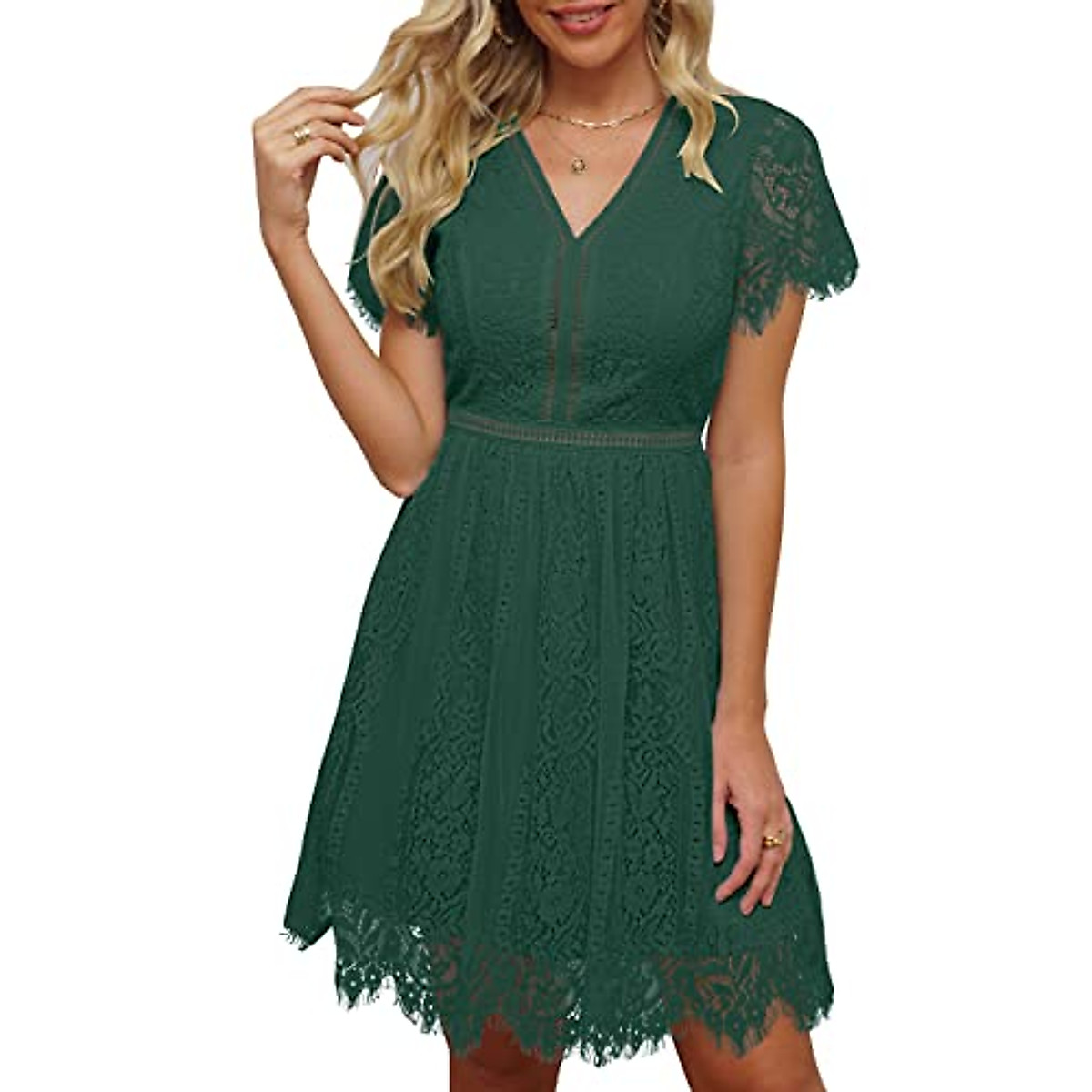 MEROKEETY Women's Short Sleeve Lace Floral Swing Dress Elegant Wedding Guest Bridesmaid Dress, DarkGreen, L