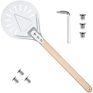 Round Perforated Pizza Peel Non-slip Durable Aluminum Turning Peel Pizza Paddle with 16 Inch Anti-Scalding Wooden Handle for Homemade Pizza Bread Bakers (7 Inch)