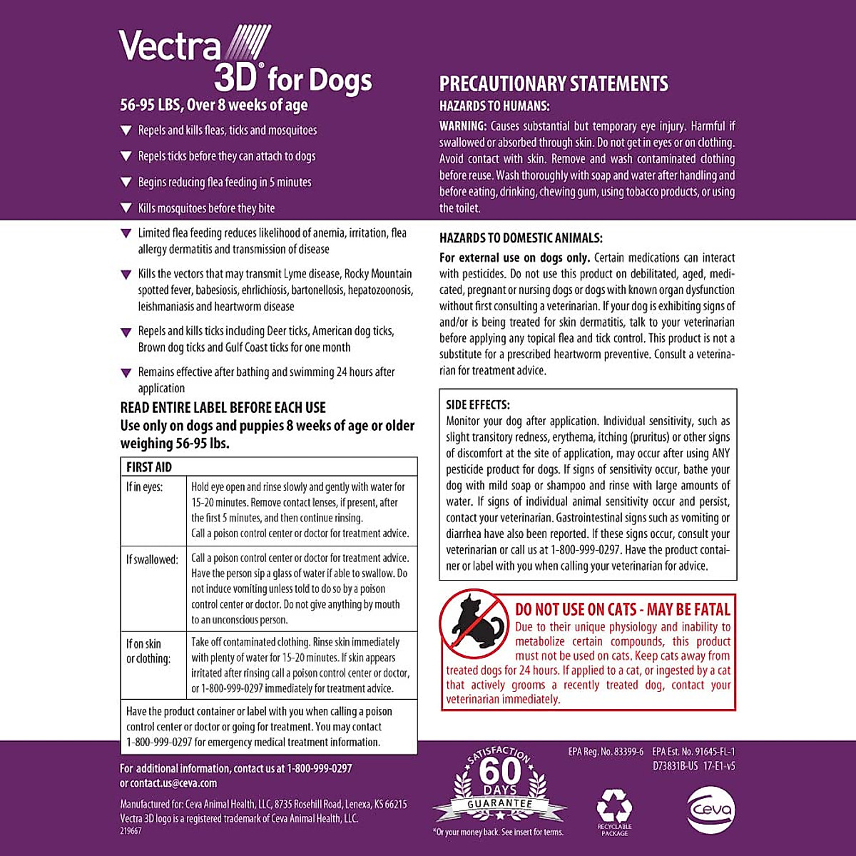 Vectra 3D for Dogs Flea, Tick & Mosquito Treatment & Prevention for Large Dogs (56 to 95 lbs) , 6 month supply