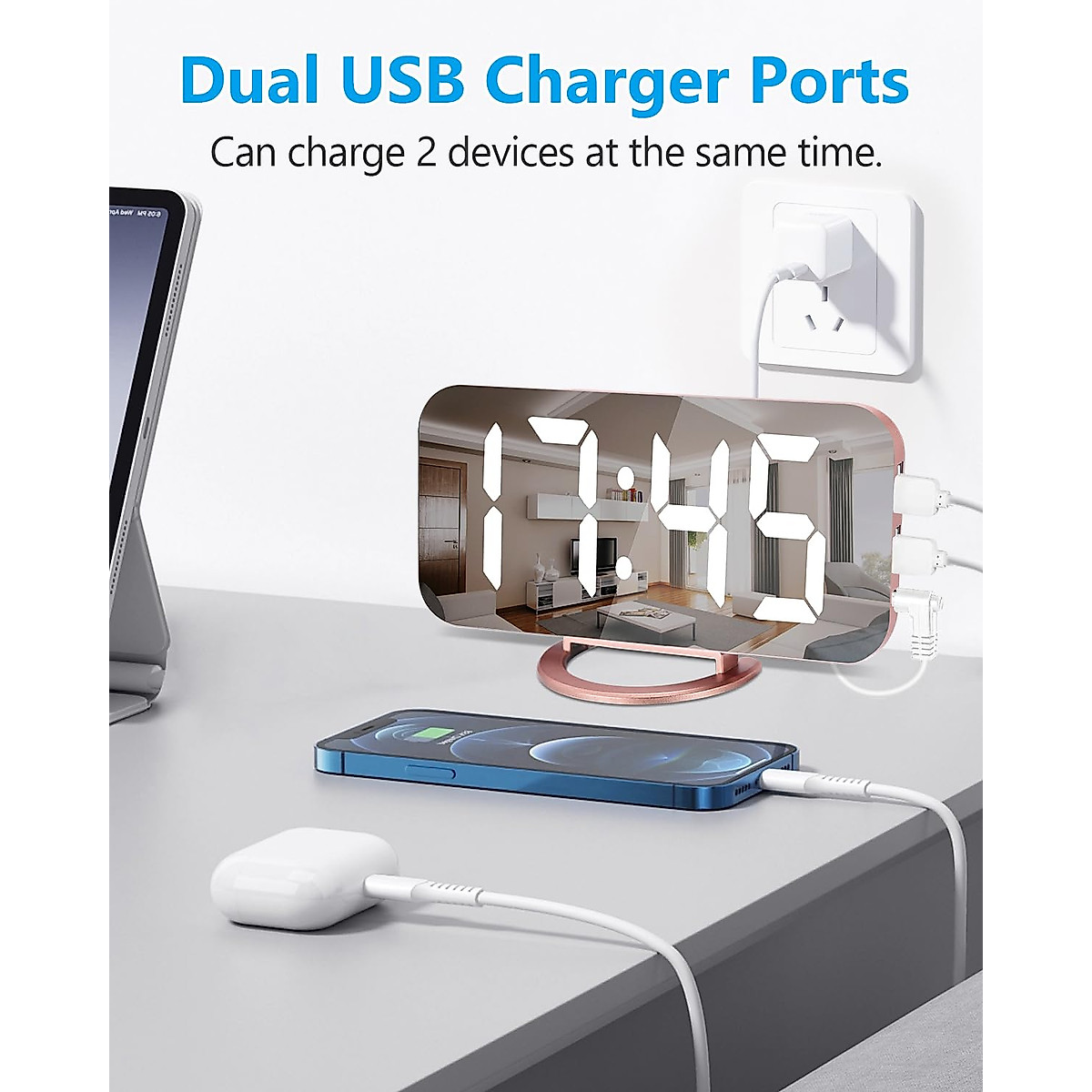 Digital Alarm Clock,7 Inch LED Mirrored Large Display, with Dual USB Charger Ports,Auto Dim,Snooze Function,Modern Desk Wall Electronic Clocks for Bedroom Living Room Office - Rose Gold