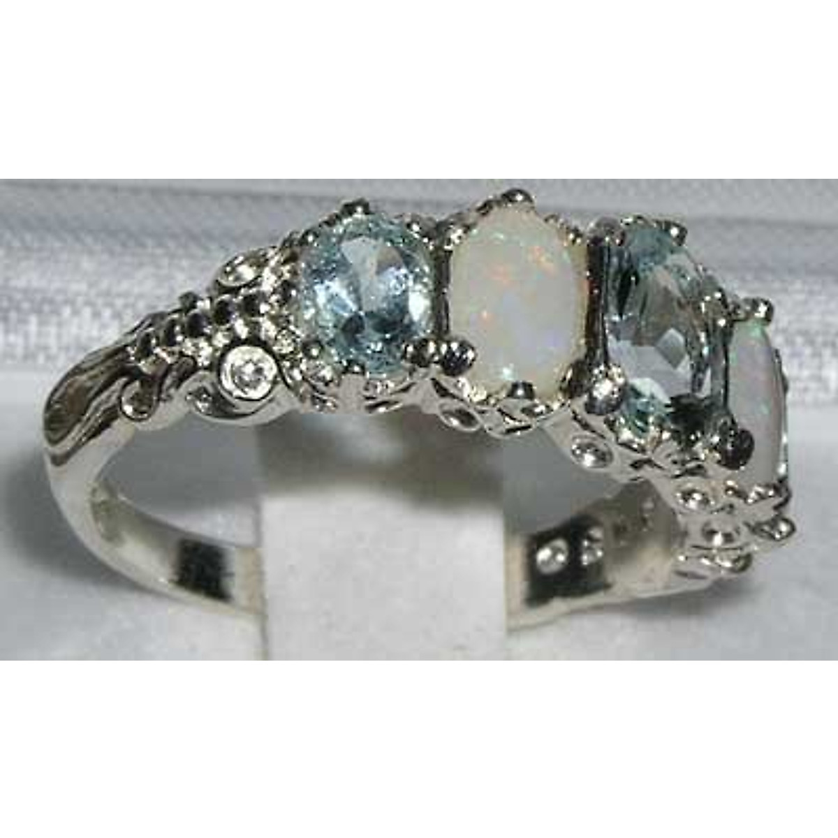 LetsBuyGold 14k White Gold Real Genuine Aquamarine and Opal Womens Promise Ring - Size 9