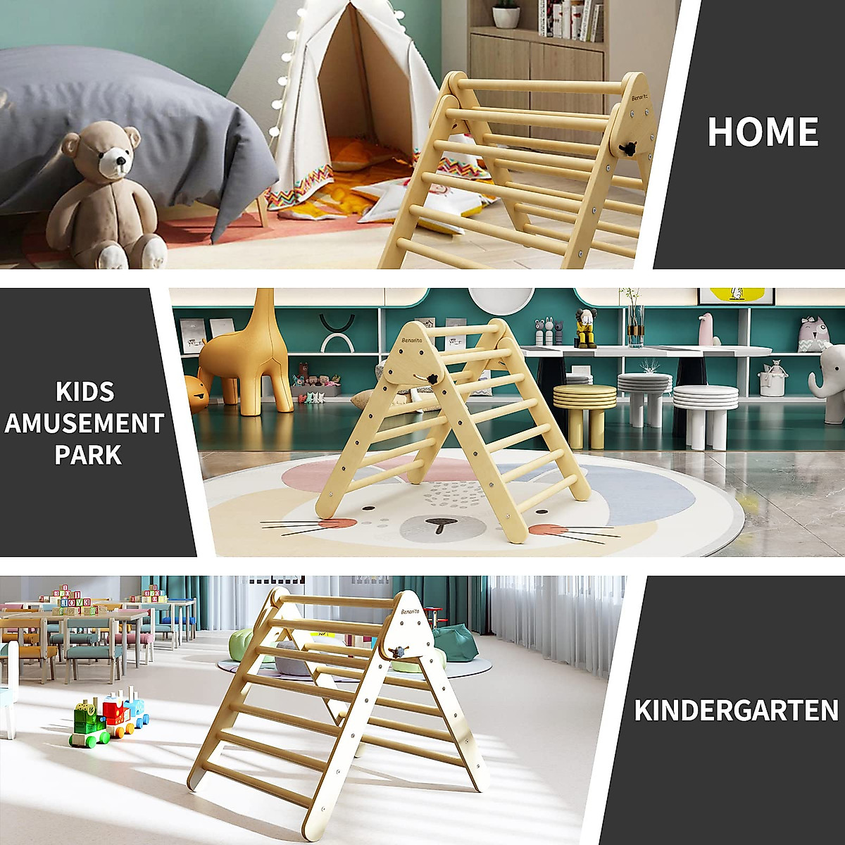 Benarita Large Size Pikler Triangle Foldable Wooden Climbing Triangle Ladder for Climbing Indoor Kids Play Gym Easy to Store Suitable for Toddlers Children Boys Girls