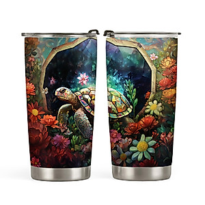 20oz Stained Glass Flower Sea Turtle Tumbler, Gifts for Turtle Lovers, Ocean, Beach Gifts, Coffee Thermos for Women, Stainless Steel Double Wall Vacuum Insulated Coffee Mug, Travel Cup with Lid