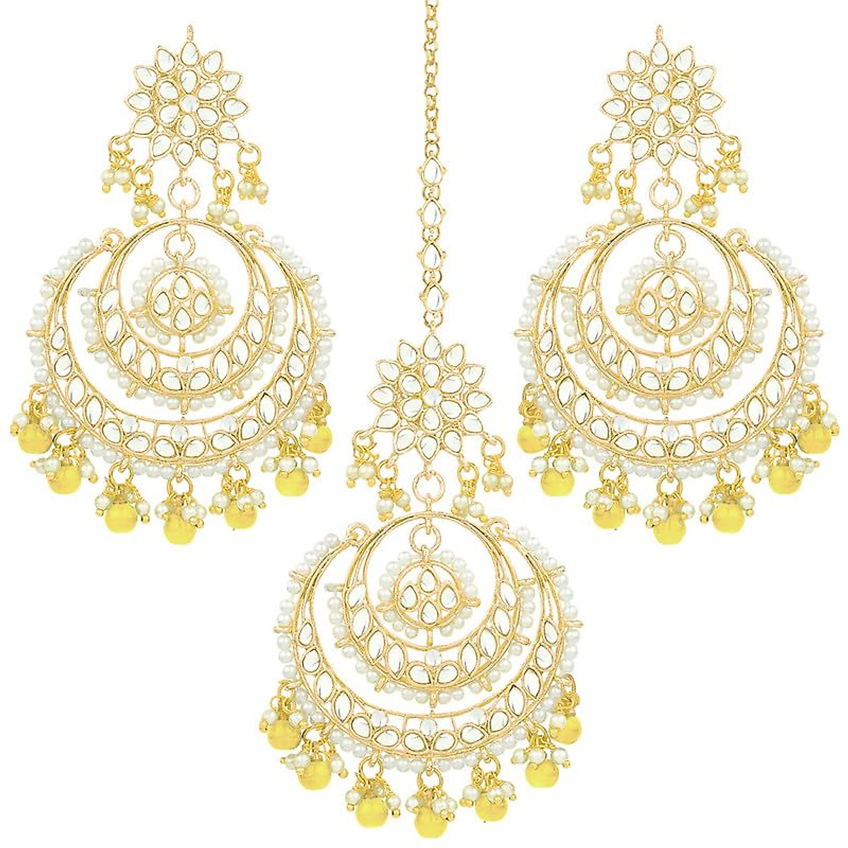 Aheli Bollywood Ethnic Chandbali Style Big Earrings Maang Tikka Set Indian Traditional Bollywood Fashion Jewelry for Women (Yellow)