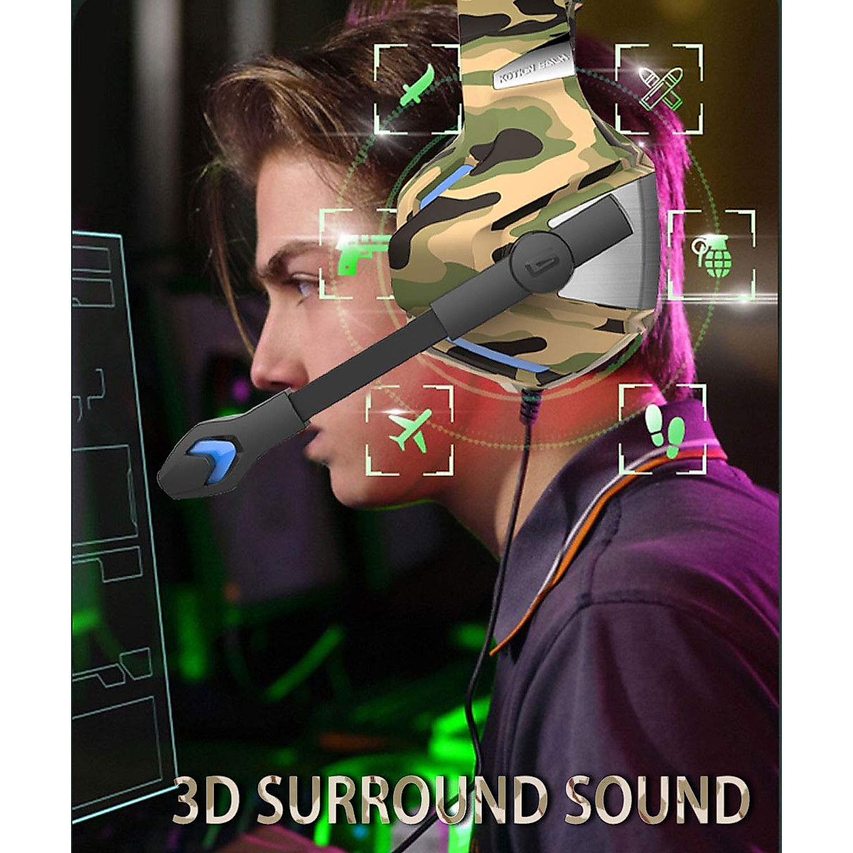 Camo Gaming Headset for PS4 Xbox One PC, Pro Camouflage Over Ear Gaming Headphones Noise Canceling Mic Stereo Bass Surround Sound for Nintendo MAC Laptop,Gun Keychain Gift for Teenager (camo)