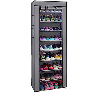 WEI WEI GLOBAL 10-Tier Shoe Rack, 27 Paris Shoe Storage Organizer with Dustproof Cover, Shoe Cabinet Tower Shelf Closet (Grey)